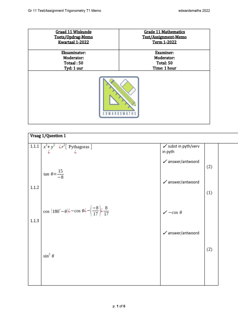 GR 11 Edwardsmaths Test or Assignment Trigonometry T1 2022 Memo | PDF ...