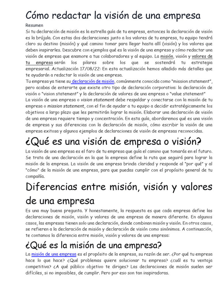 Cómo Redactar La Visión y Misión de Una Empresa (1) | PDF | Business ...