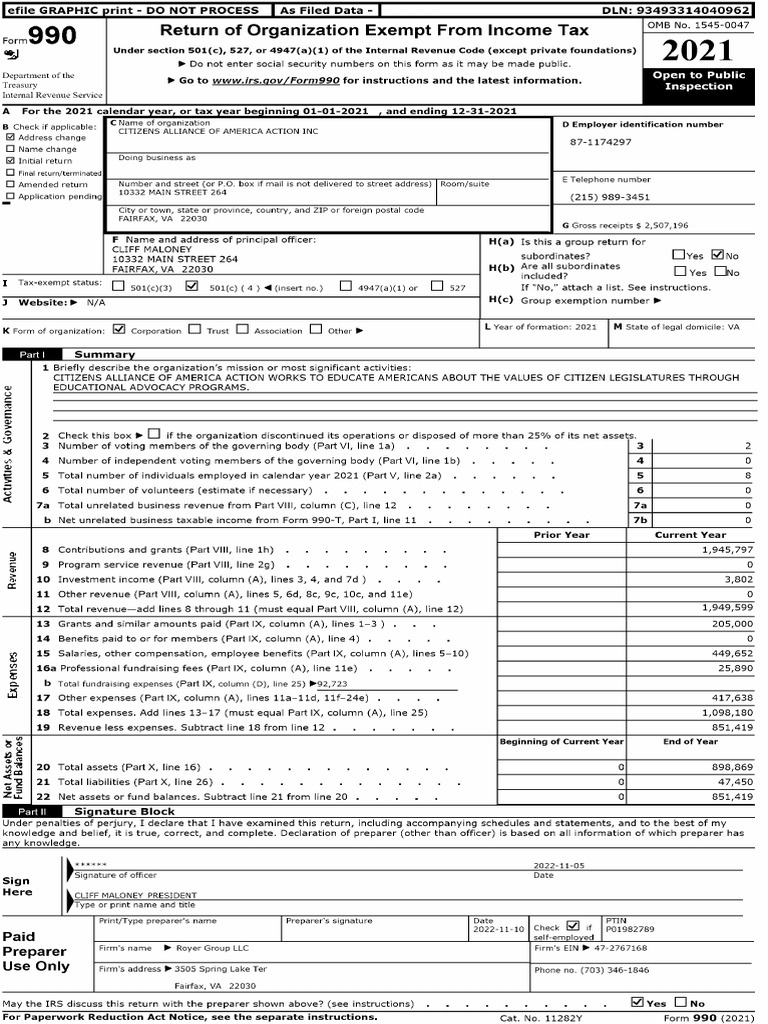 Citizens Alliance Form 990 | PDF