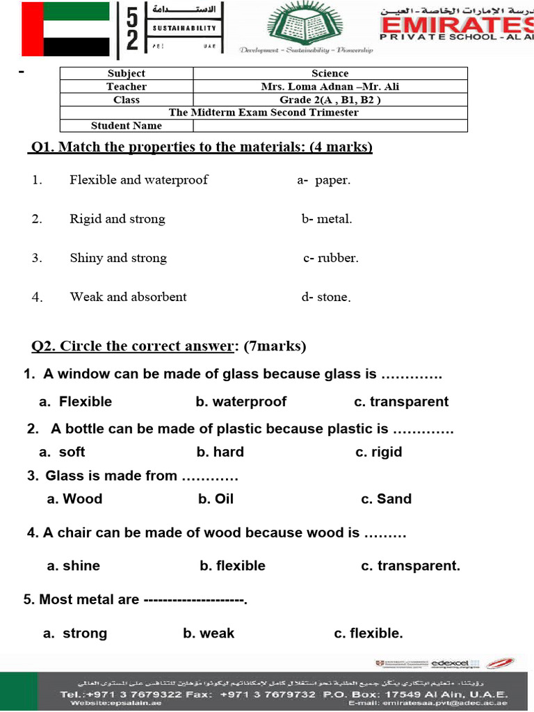Grade 2 Science Quiz on Materials | PDF
