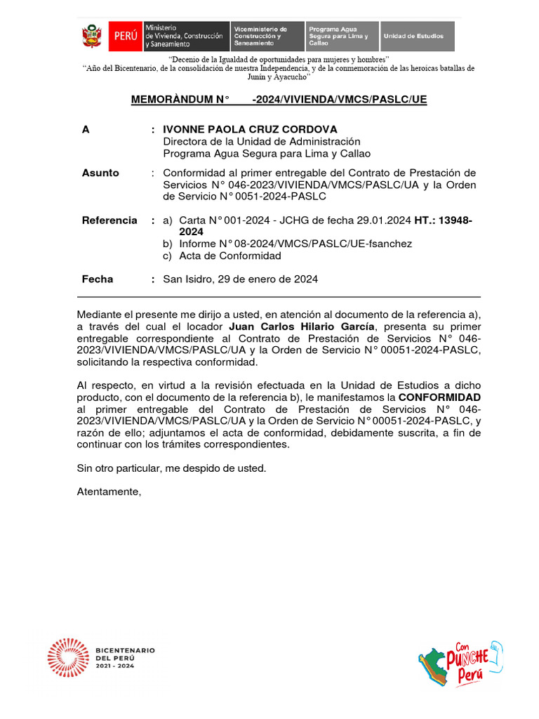 Memorando # - 2024-PASLC-UE - Conformidad OS - Juan | PDF