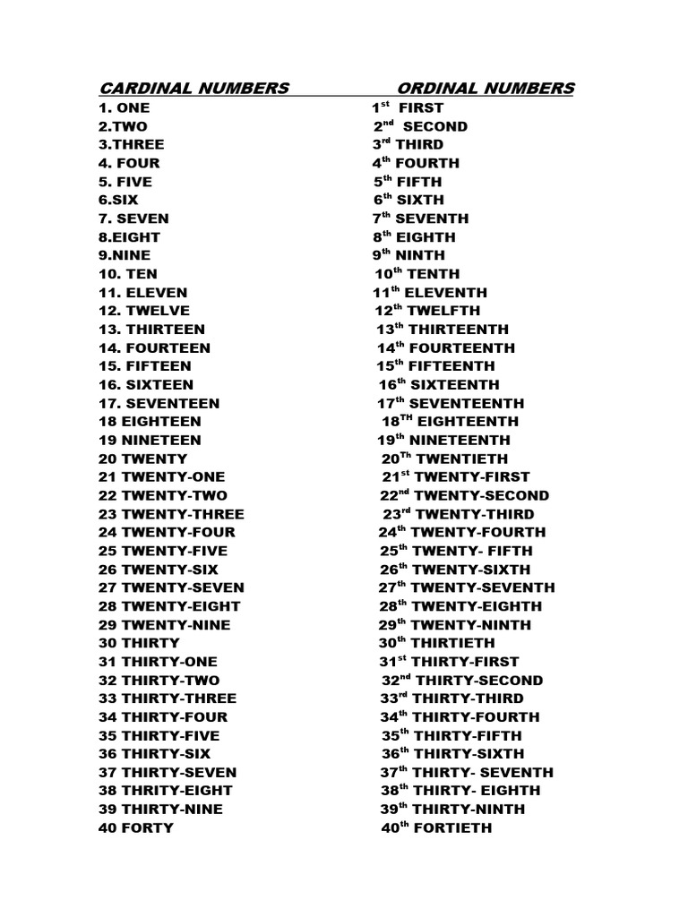 Cardinal and Ordinal Numbers List | PDF