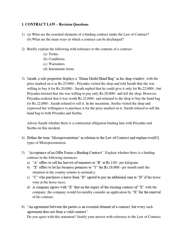 Contract Law Exam Prep Questions | PDF | Auction | Offer And Acceptance