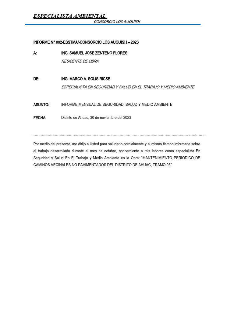 Mantenimiento Periodico Ivp Chupaca Informe Ssoma #01 | PDF | Seguridad y salud ocupacional | Seguro