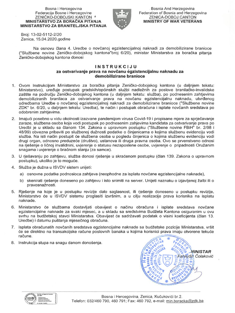 Instrukcija Za Primjenu Uredba o Novcanoj Egzistencijalnoj Naknadi | PDF