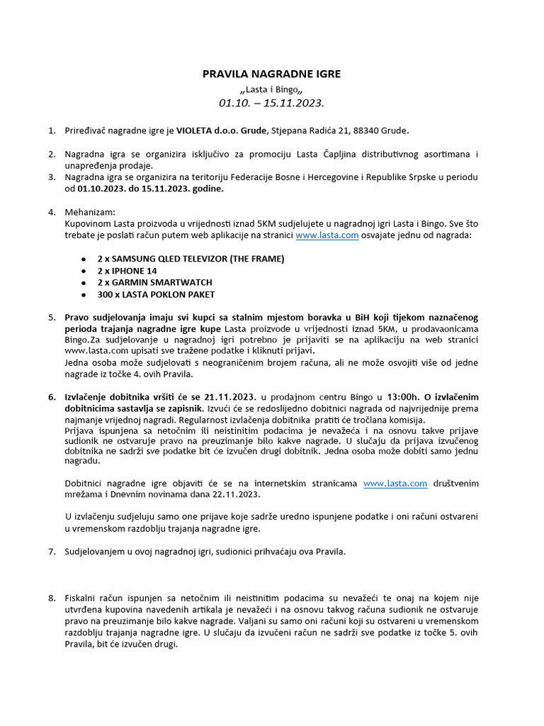 Pravila Nagradne Igre Lasta I Bingo 2023 | PDF