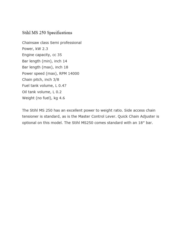 Stihl MS 250 Specifications | PDF