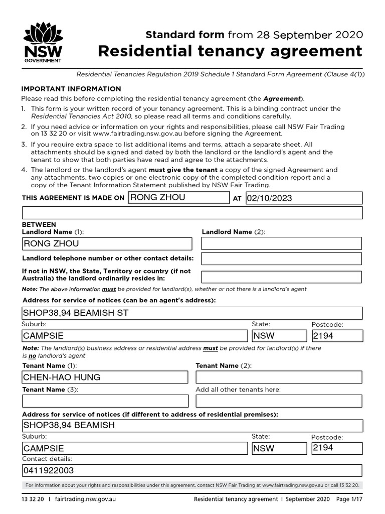 NSW Residential Tenancy Agreement 2020 | PDF | Leasehold Estate | Landlord