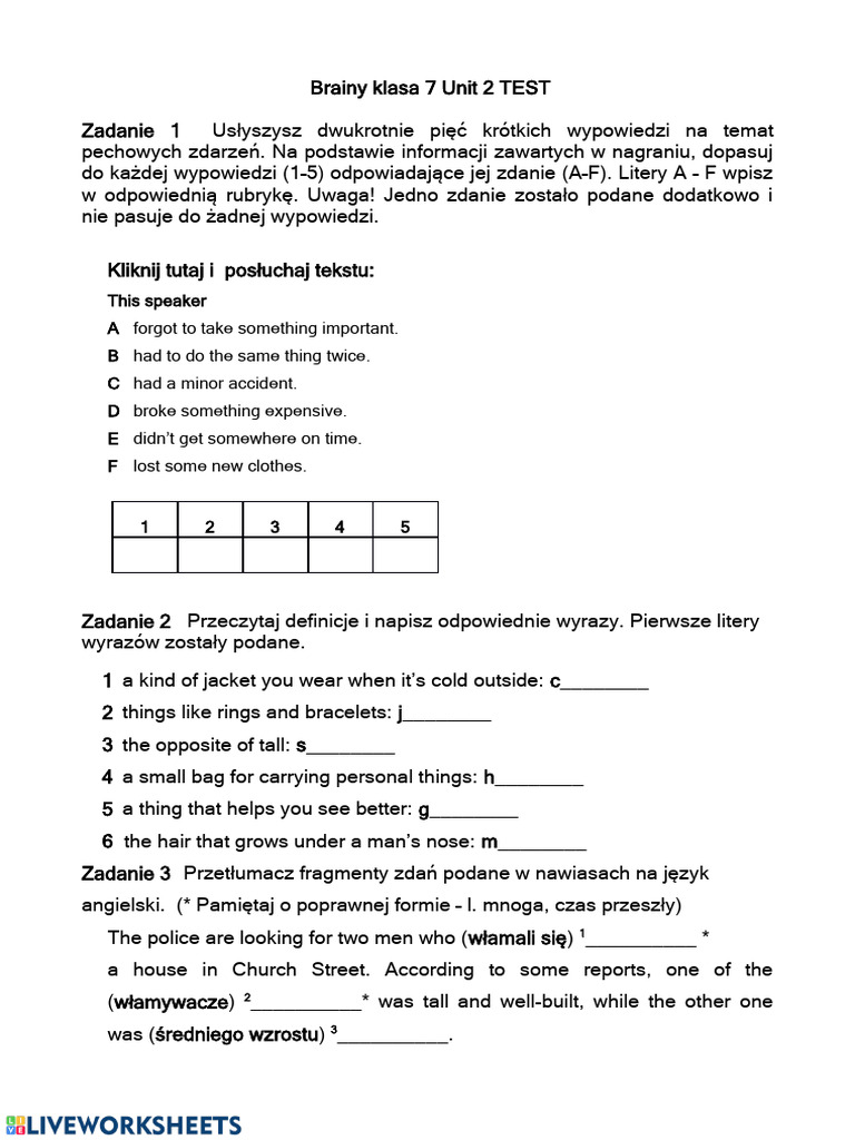 Brainy Klasa 7 Unit 2 Test | PDF
