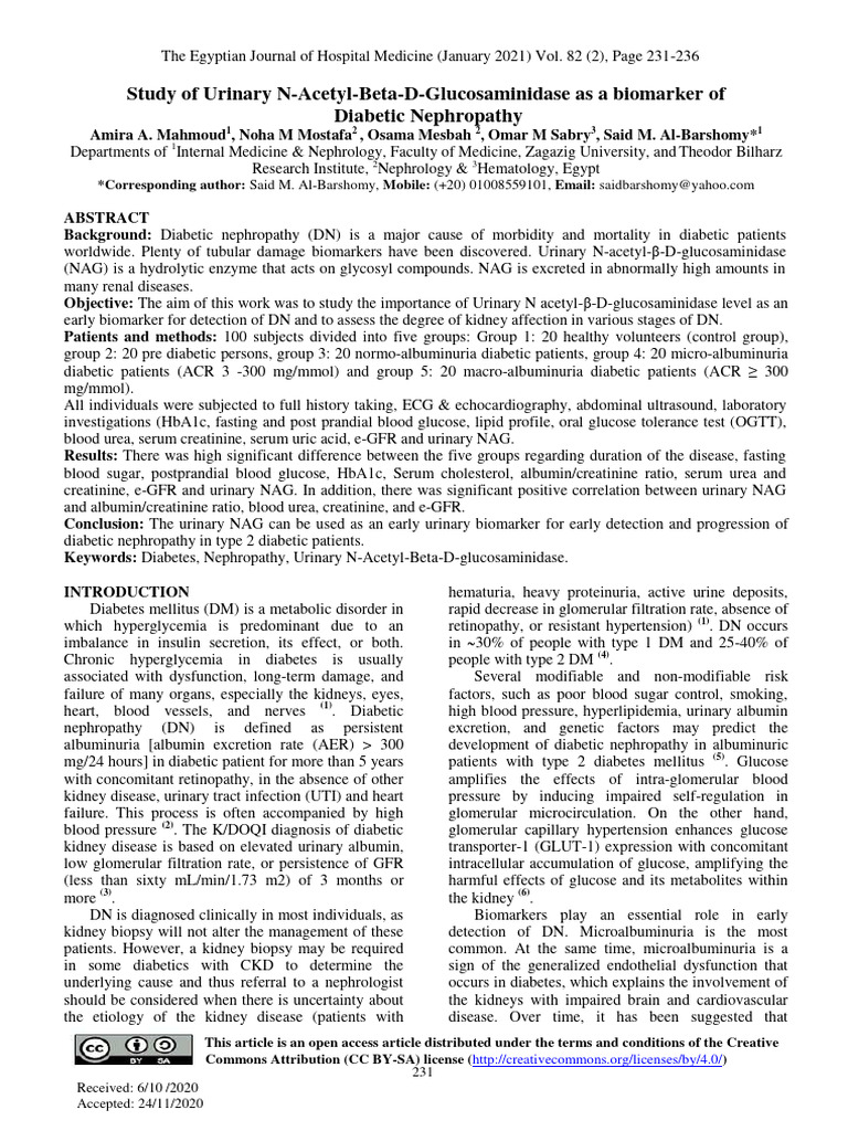Study of Urinary N-Acetyl-Beta-D-Glucosaminidase As A Biomarker of ...