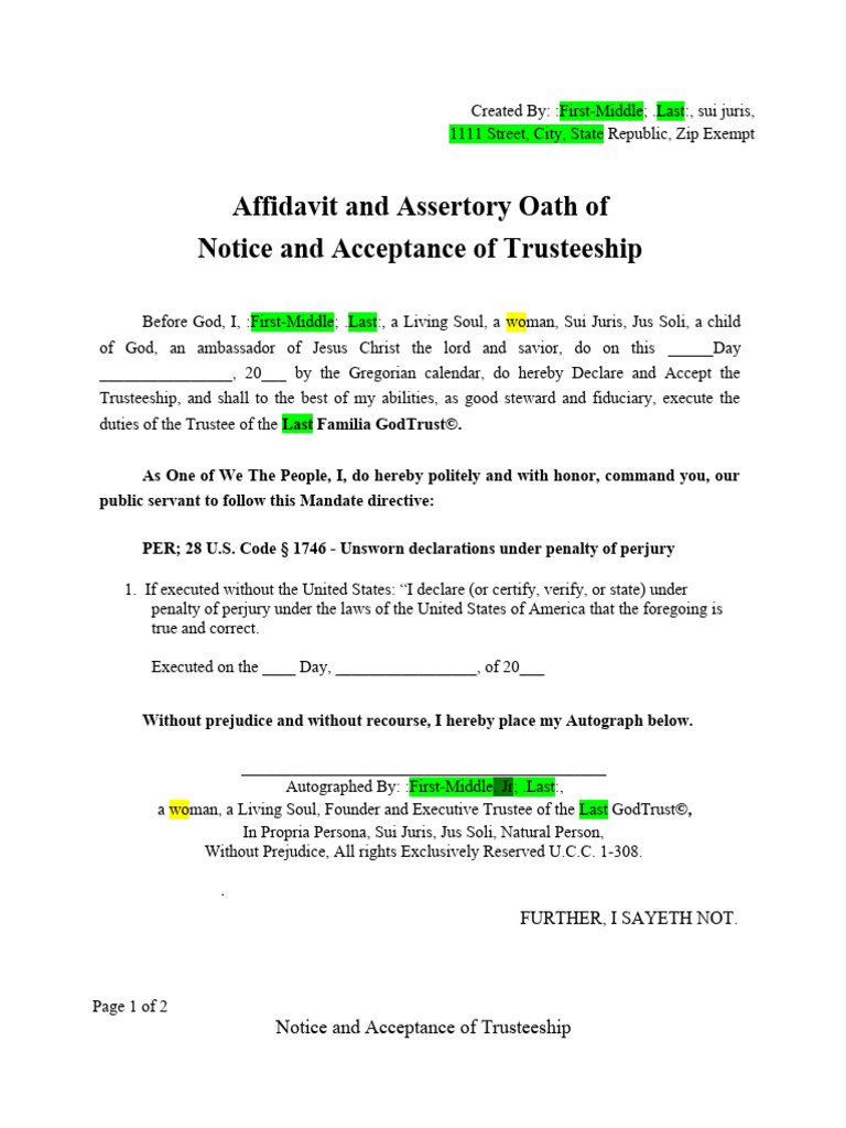 Affidavit and Assertory Oath of Notice and Acceptance of Trusteeship ...