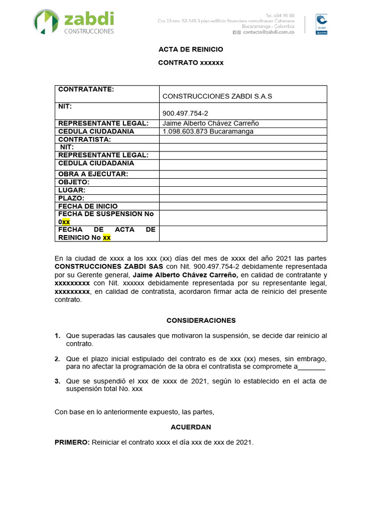 Acta de Reinicio de Contrato 2021 | PDF