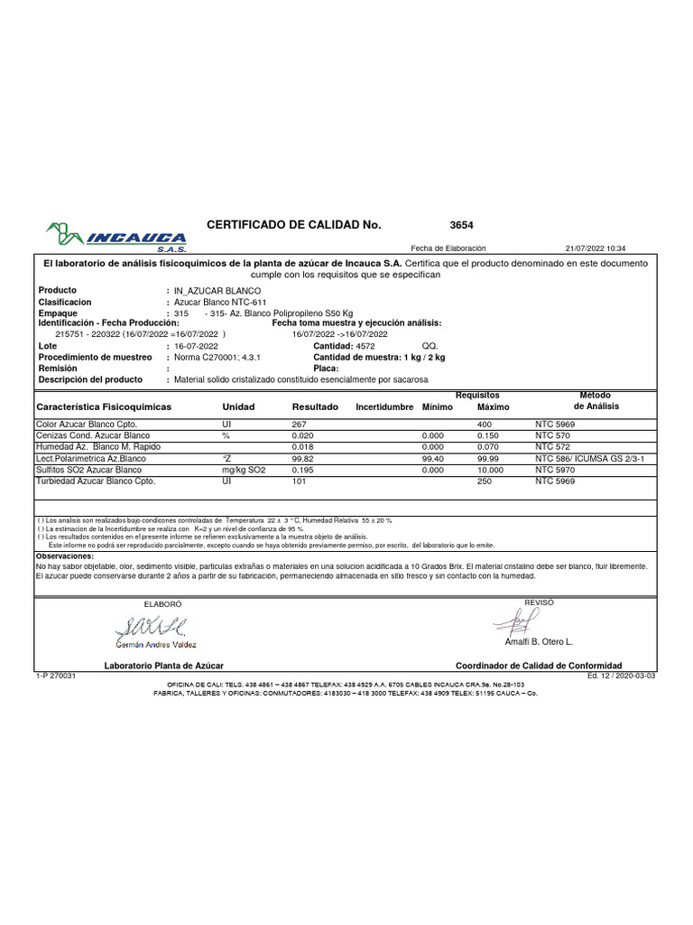 Certificado Calidad Incauca | PDF | Azúcar | Dieta y nutrición