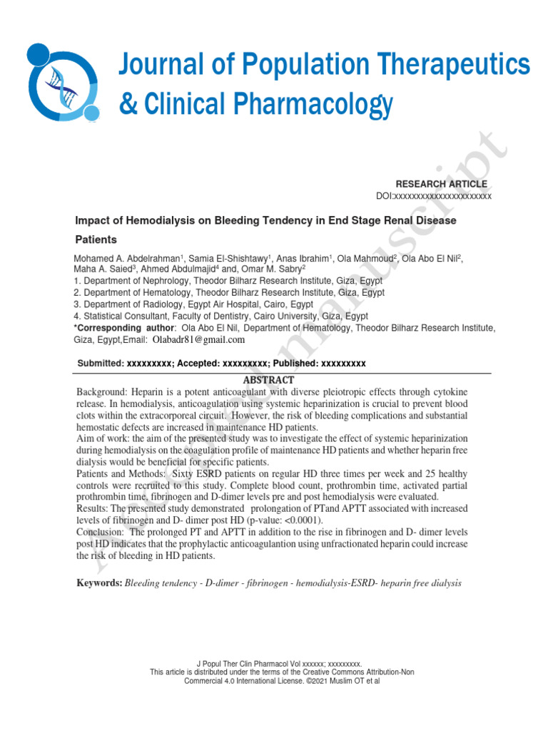 Impact of Hemodialysis On Bleeding Tendency in End Stage Renal Disease ...