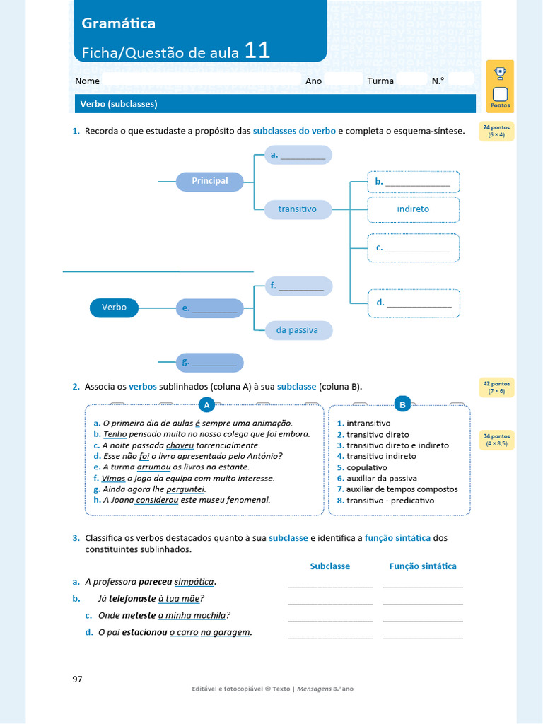 Ficha - QA11 Verbo Subclasses | PDF