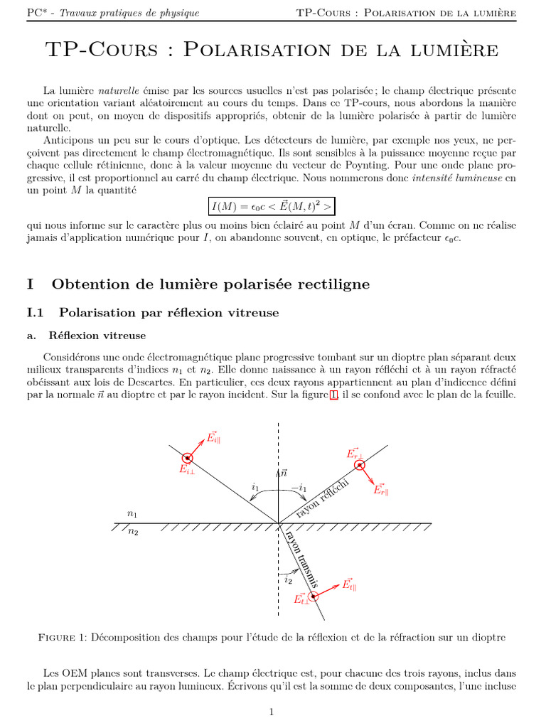 TP-Cours - Polarisation de La Lumière | PDF | Réflexion (physique ...
