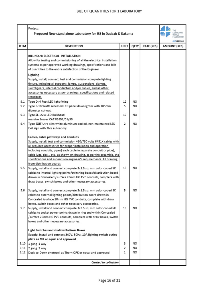 Laboratory Electrical BoQ | PDF | Electrical Wiring | Building Engineering