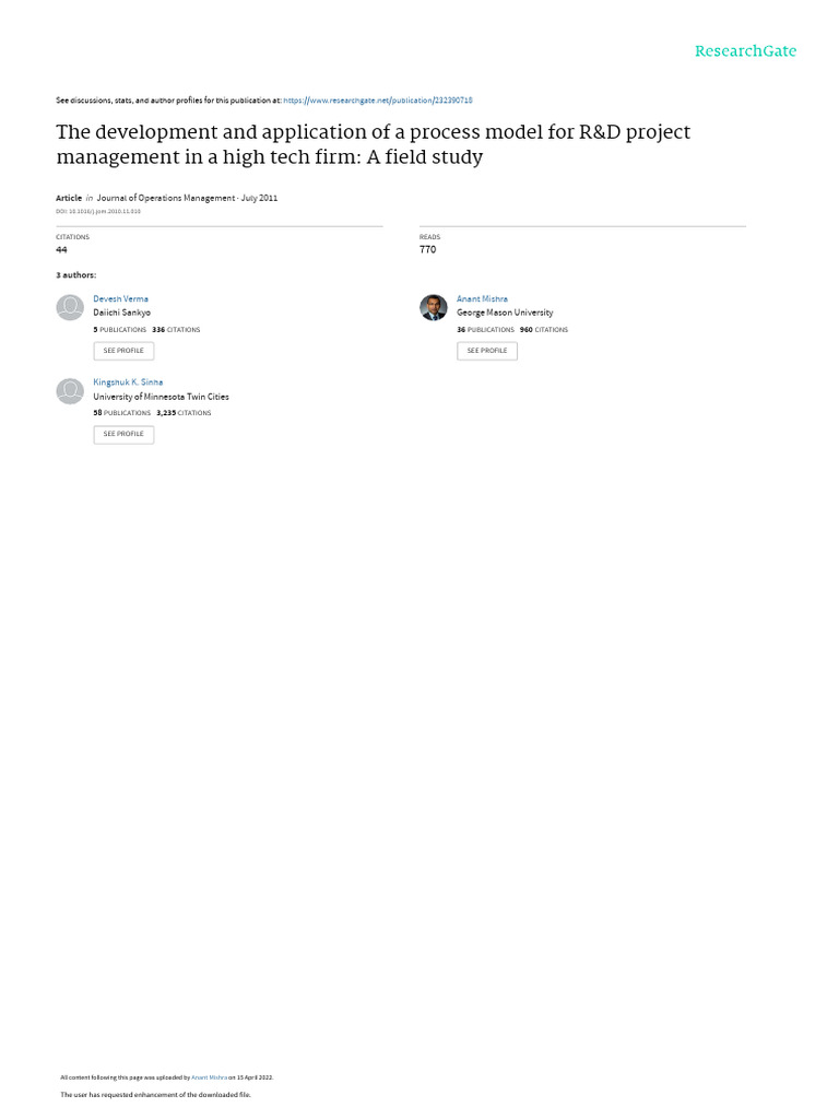 The Development and Application of A Process Model For R&D Project ...