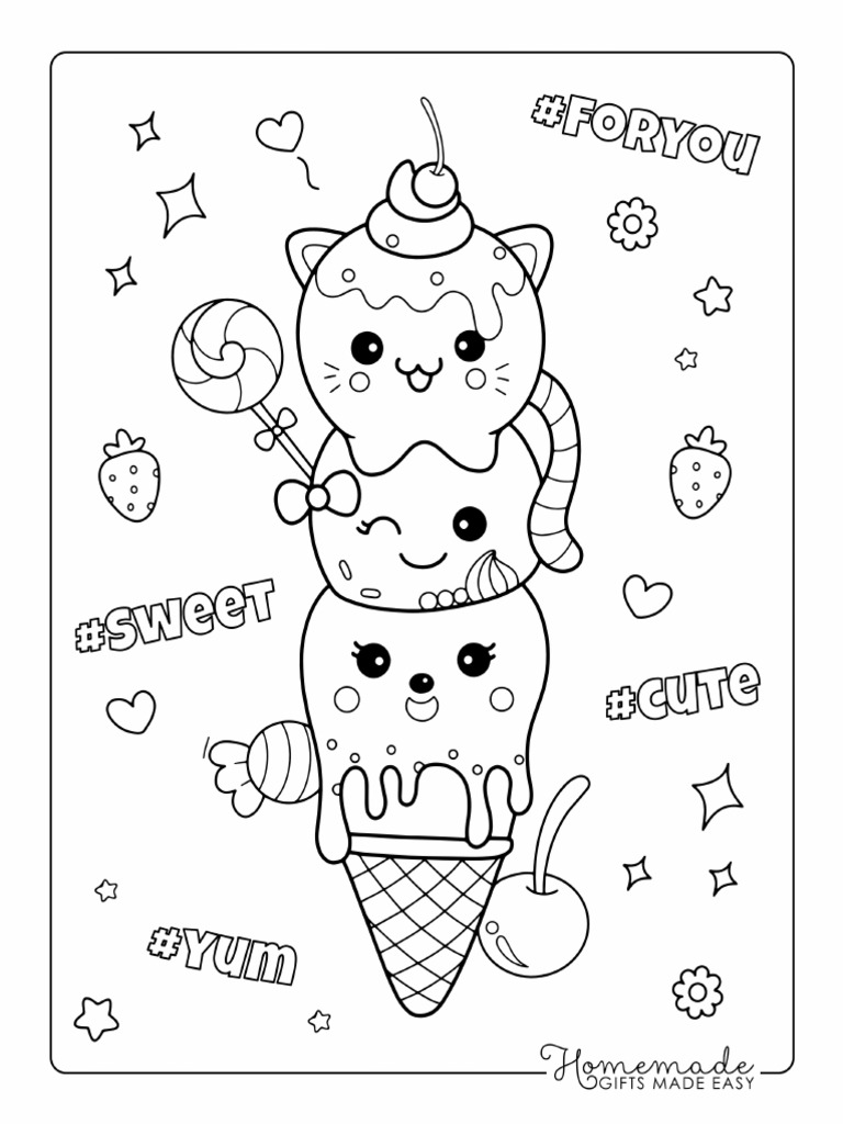 Ice Cream Coloring Pages Kawaii 3 Scoop Cone Cat Candy | PDF