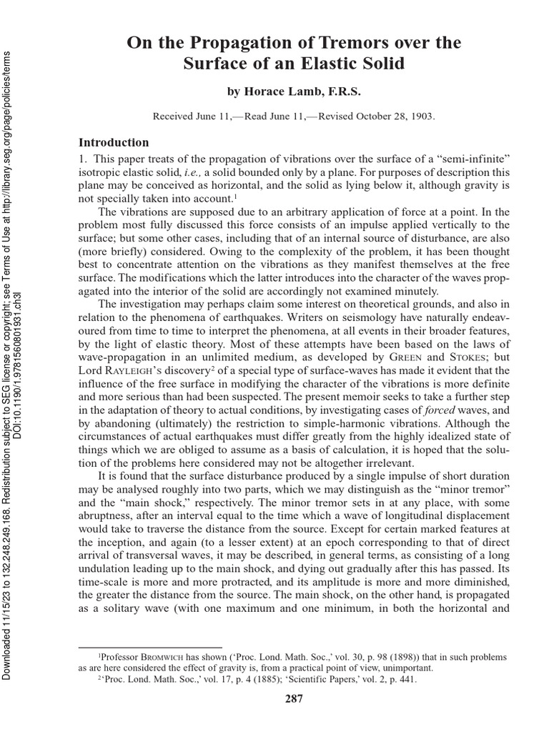 2007 On The Propagation of Tremors Over The Surface of An Elastic Solid ...