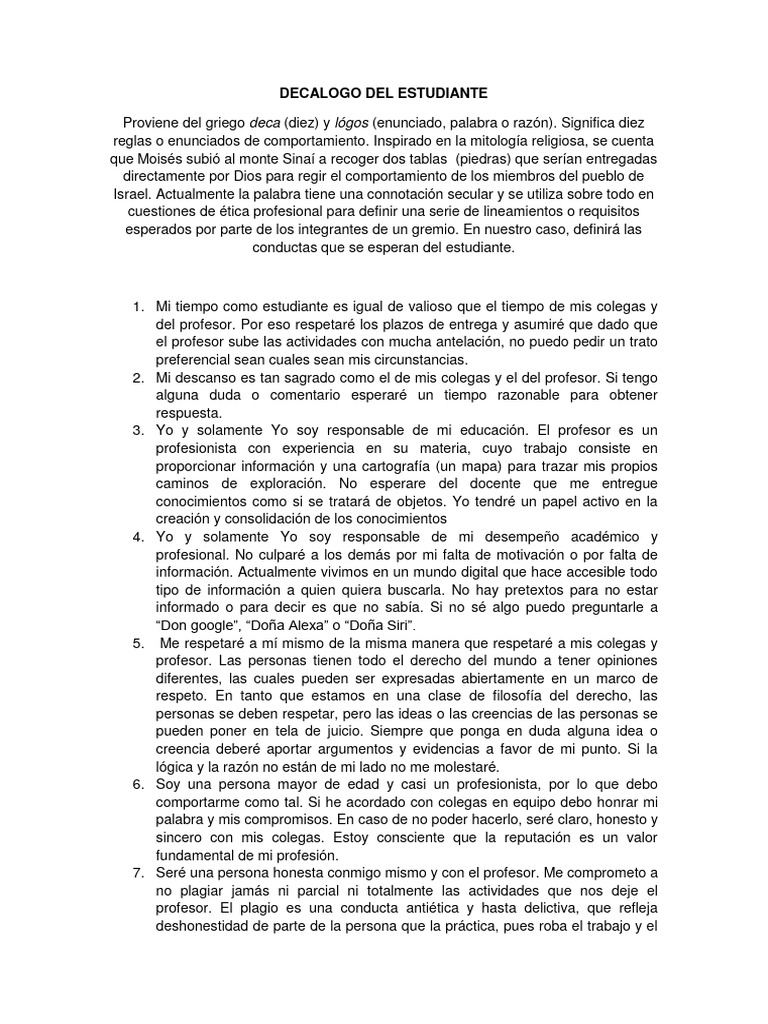 Decalogo Del Estudiante | PDF | Maestros | Diez Mandamientos