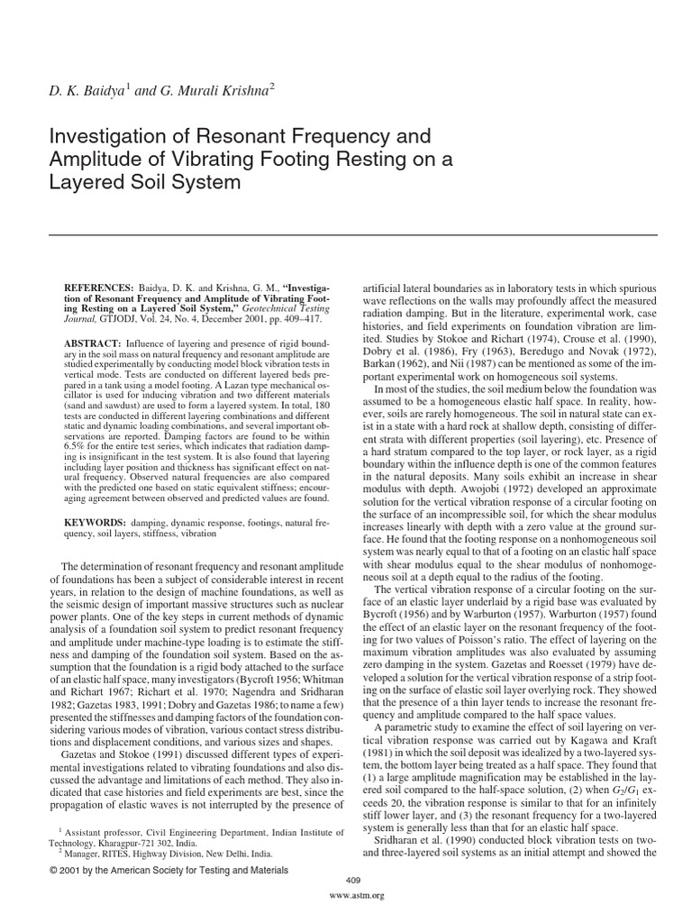 2001 Investigation of Resonant Frequency and Amplitude of Vibrating Footing Resting On A Layered ...