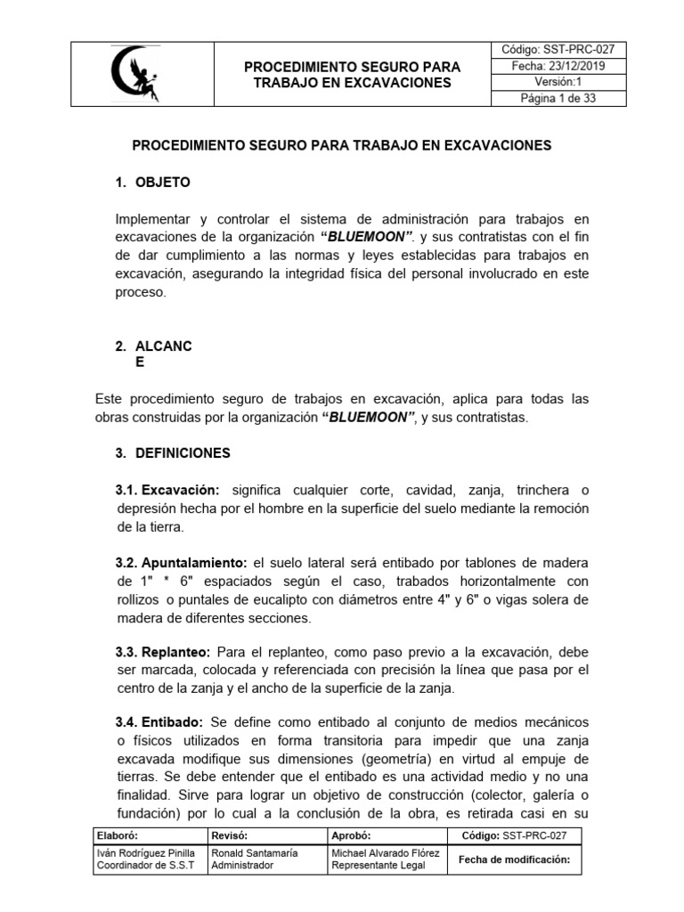 SST-PRC-027 Procedimiento Seguro para Trabajo en Excavaciones | PDF ...