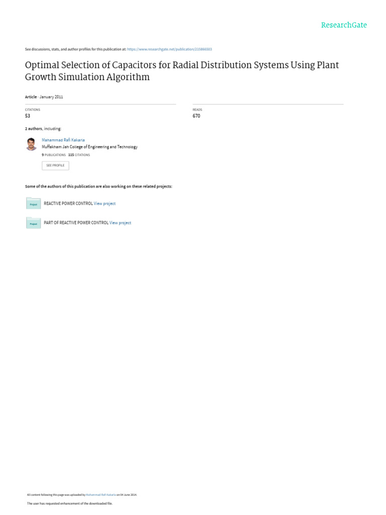 Optimal Selection Of Capacitors For Radial Distribution Systems Using Plant Growth Simulation