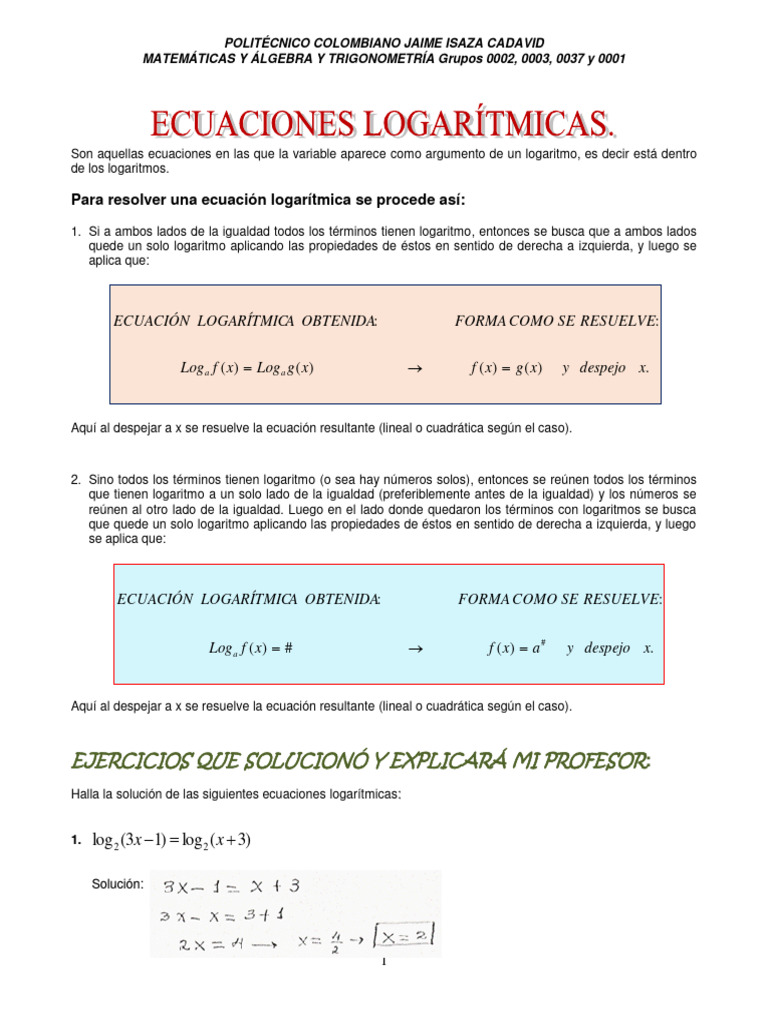 Ecuaciones Logarítmicas. | PDF | Ecuaciones | Logaritmo