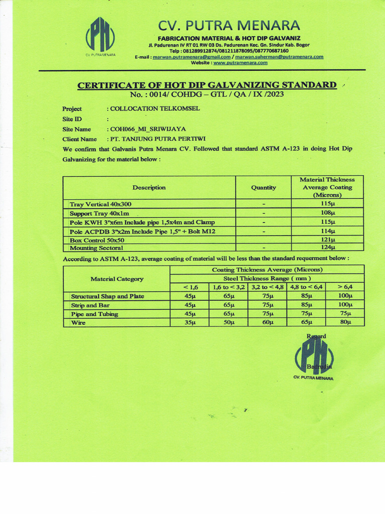 Sertifikat Galvanis | PDF