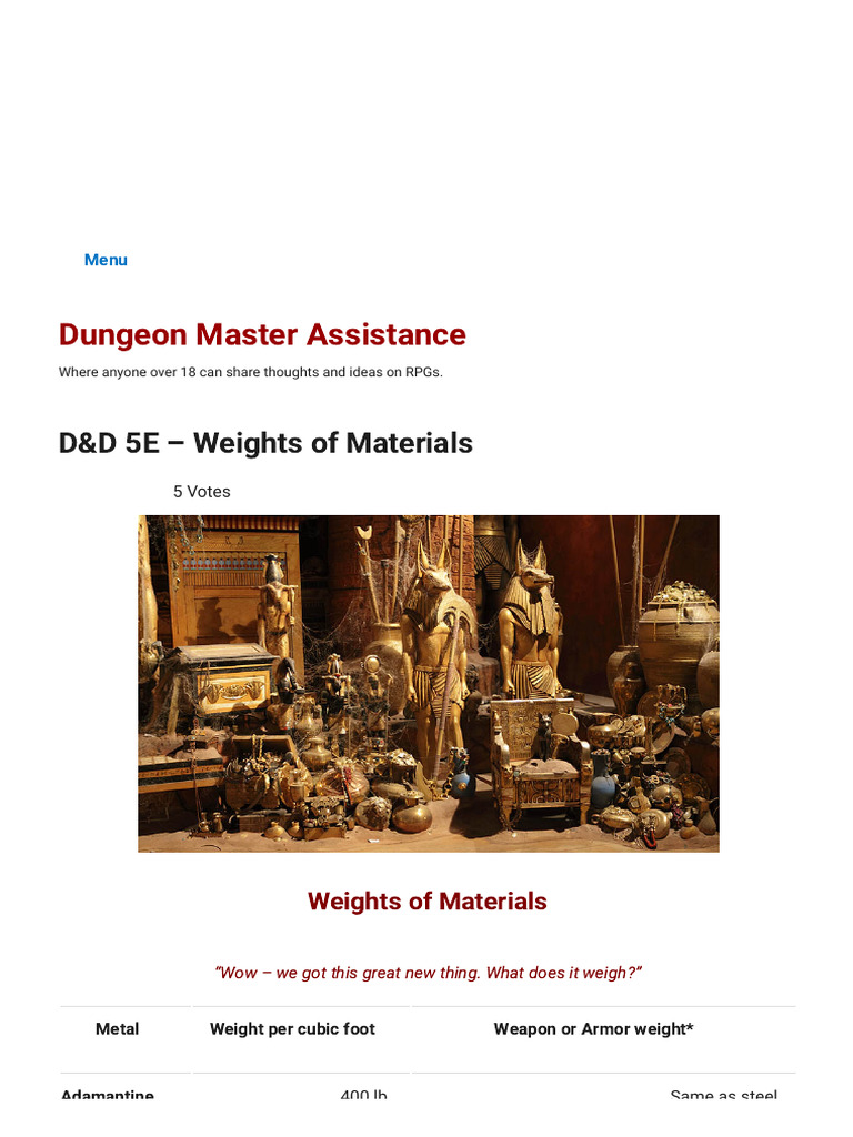 D&D 5E - Weights of Materials - Dungeon Master Assistance | PDF | Steel ...