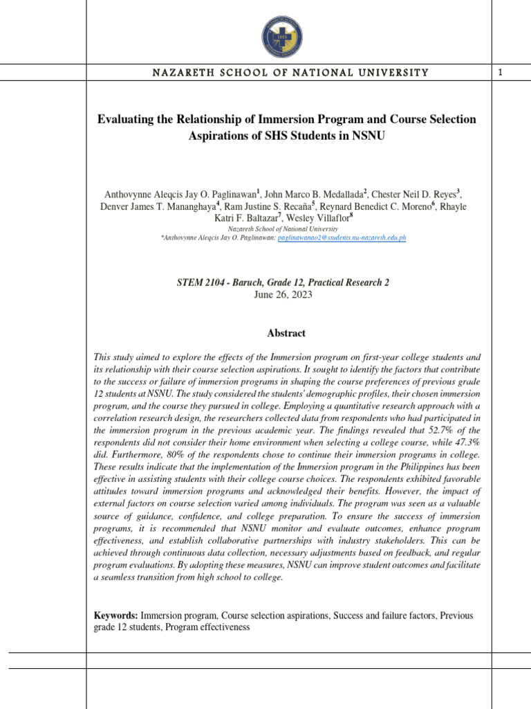 Evaluating The Relationship of Immersion Program and Course Selection Aspirations of SHS ...
