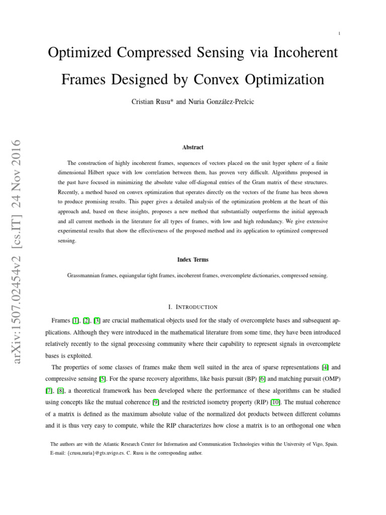 Optimized Compressed Sensing Via Incoherent Frames Designed by Convex Optimization | PDF ...