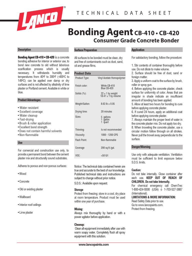 Bonding Agent CB410 CB420 TDS ENG | PDF | Concrete | Plaster