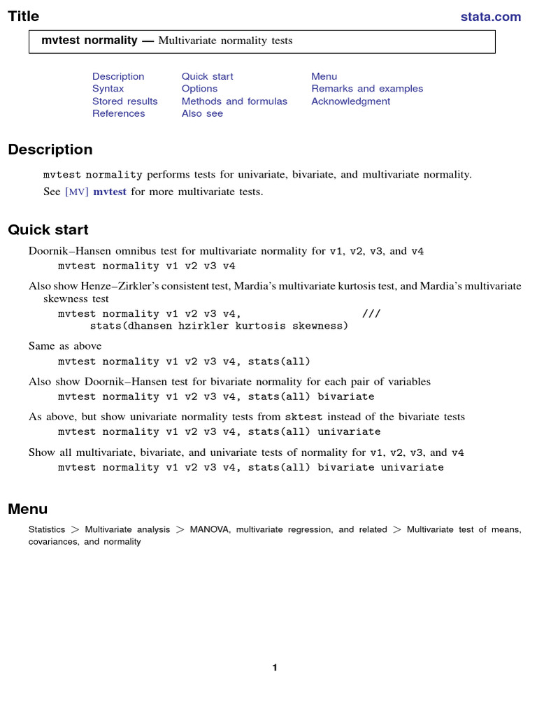Multivariate Normality Tests in Stata | PDF | Chi Squared Distribution ...