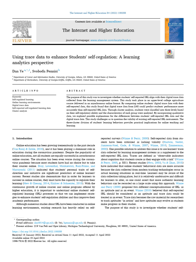 The Internet and Higher Education: Dan Ye, Svoboda Pennisi | PDF | Learning | Self Report Study