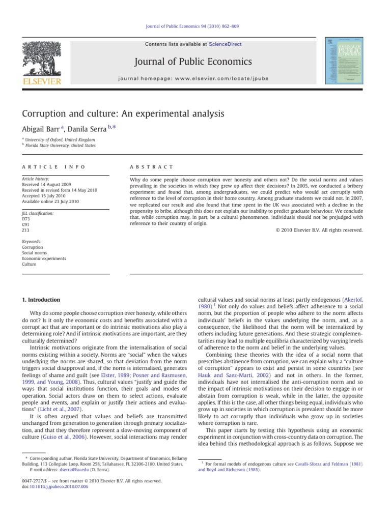 Corruption and Culture Experimental Analysis | PDF | Bribery | Experiment