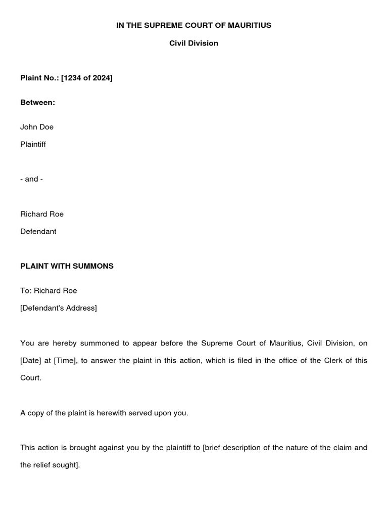 Plaint With Summons Mauritius Jurisdiction Example | PDF | Law