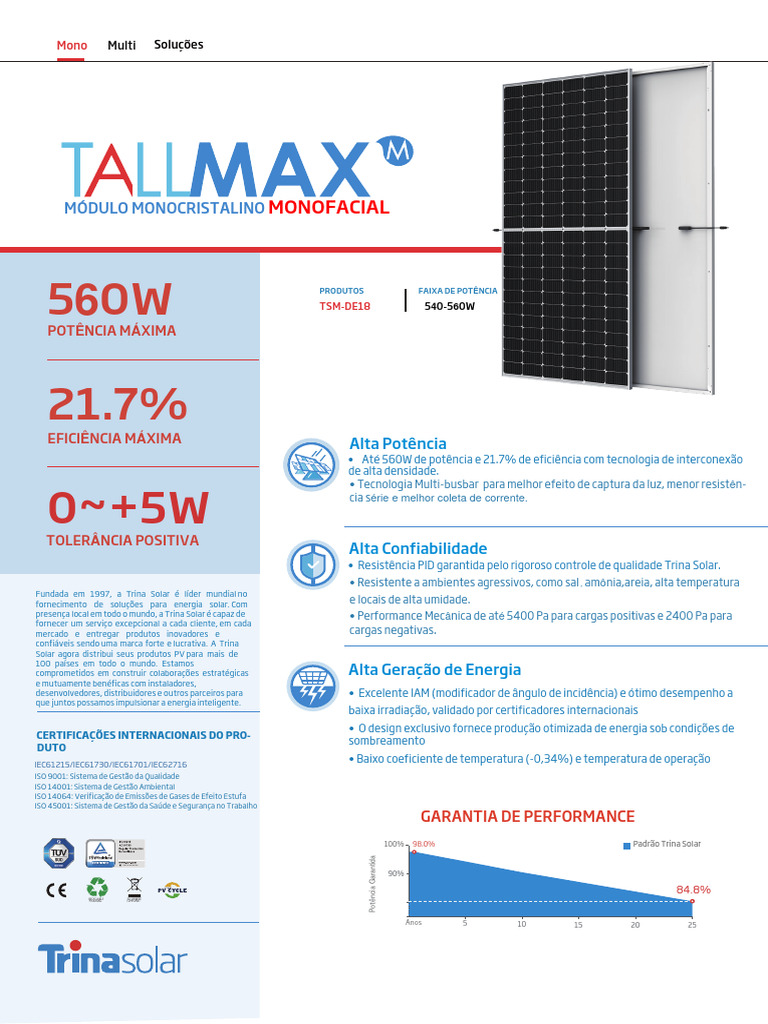 Datasheet Modulo TSM De18 550w | PDF | Energia solar | Metrologia