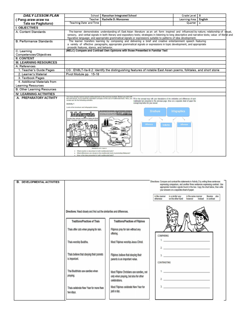 Compare and Contrast Lesson Plan 8 | PDF | Learning | Lesson Plan