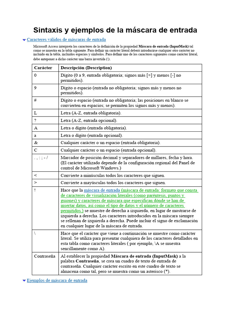 Sintaxis y ejemplos de la máscara de entrada | PDF | Tipo de datos ...