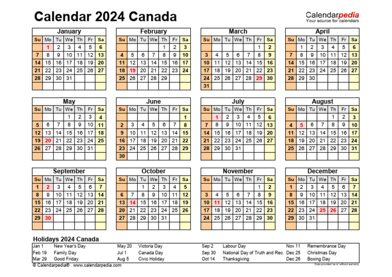 Calendar 2024 Canada Landscape Year at A Glance | PDF | Traditions ...