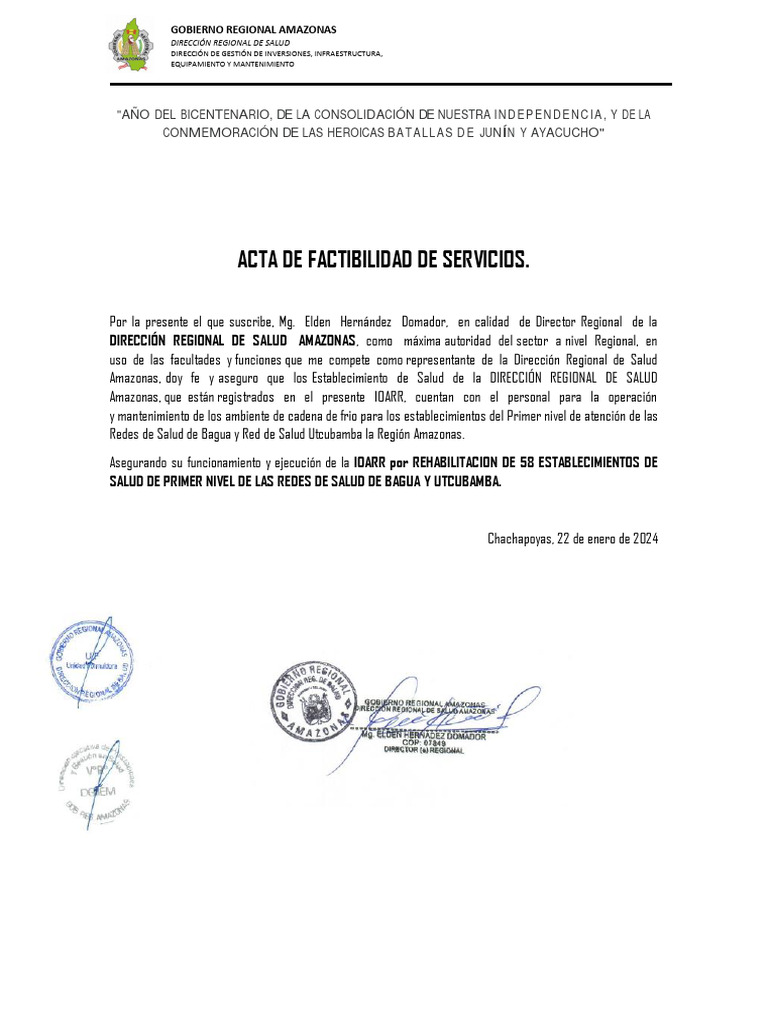 Acta de Factibilidad de Servicios | PDF