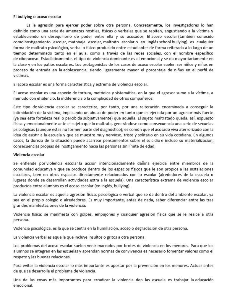 El Bullying o Acoso Escolar | PDF