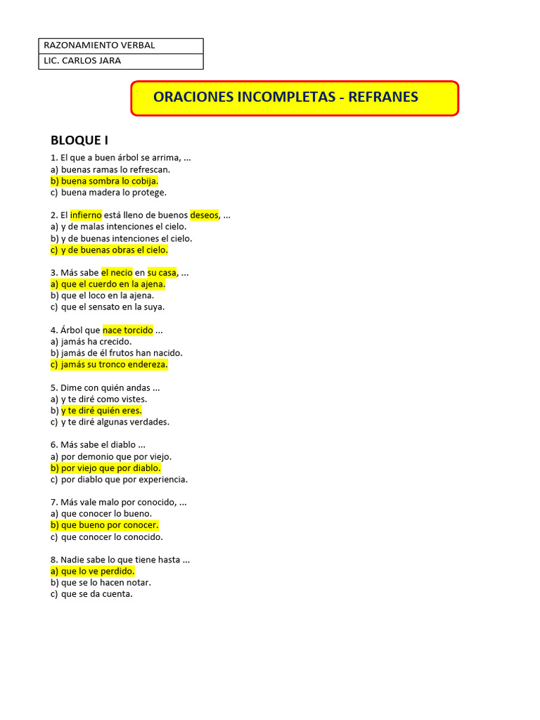 Ejercicios de Refranes y Oraciones | PDF