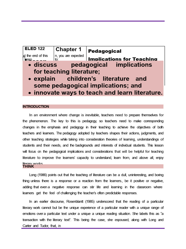 El Ed 122 Pedagogical Implications Lecture | PDF | Pedagogy | Reading ...