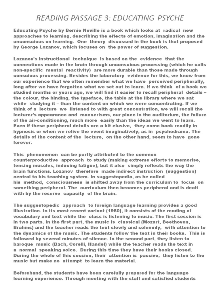 Ielts Reading Educating Psyche | PDF | Hypnosis | Learning