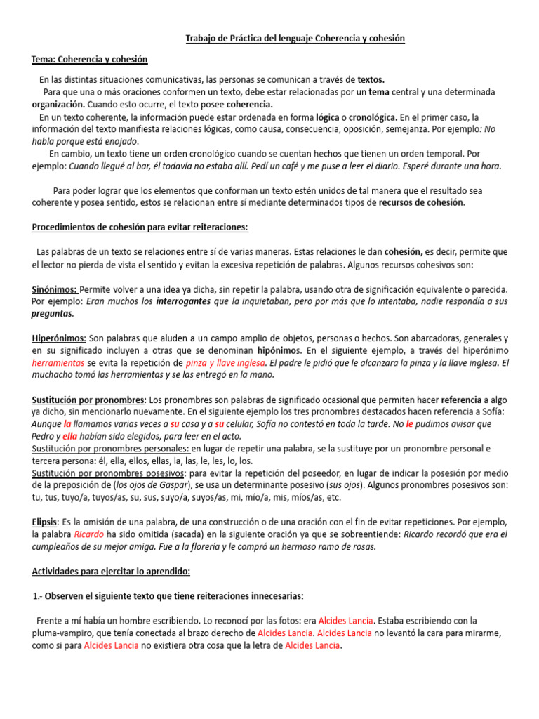 TP 4 Coherencia y Cohesión | PDF | Pronombre | Información