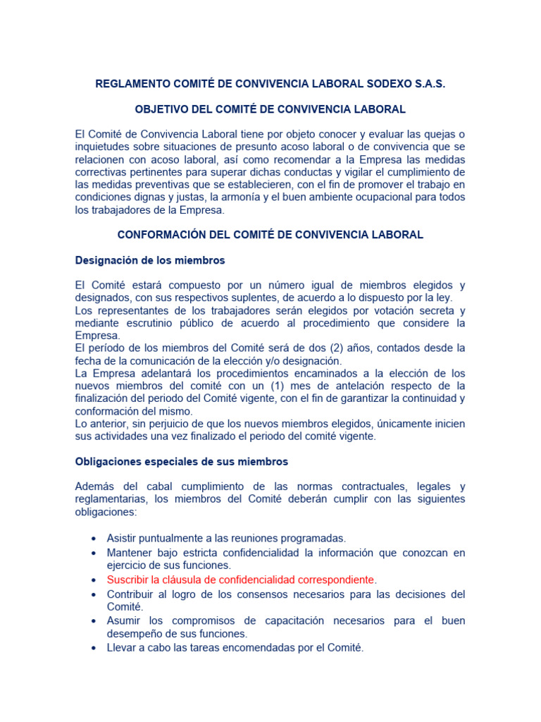 Reglamento Comité de Convivencia Laboral Sodexo Sas | PDF | Business | Gobierno
