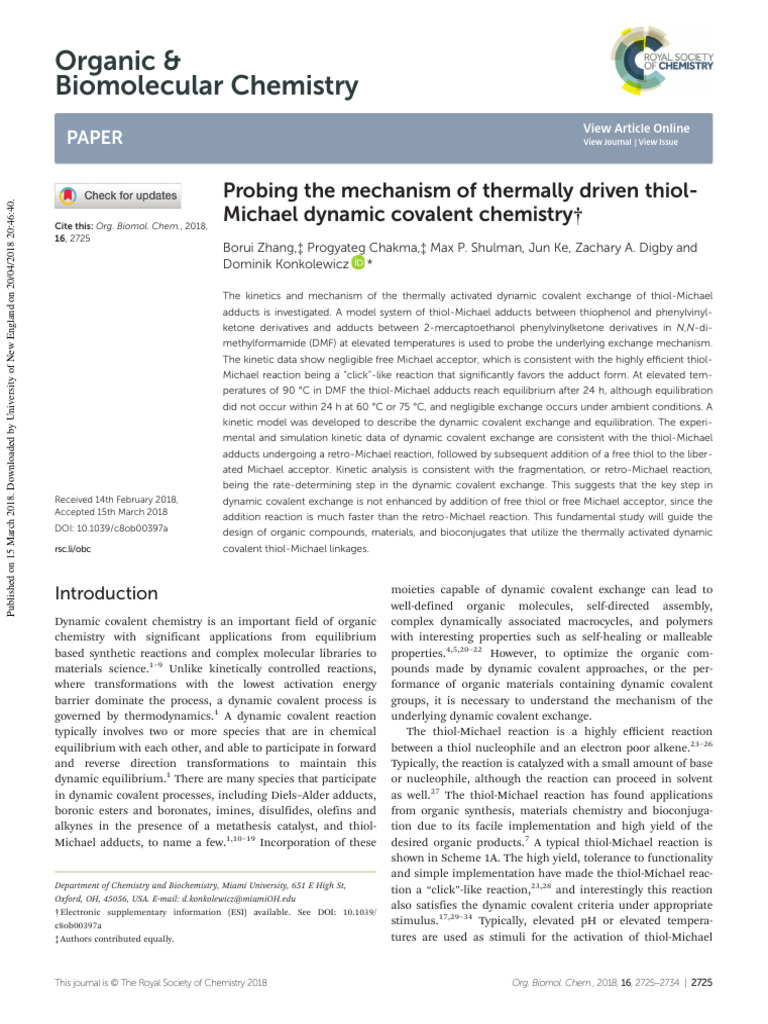 Probing The Mechanism of Thermally Driven Thiol Michael Dynamic ...